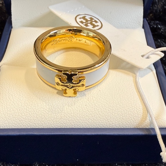 Tory Burch | Jewelry | Tory Burch Gold And Cream Logo Ring | Poshmark